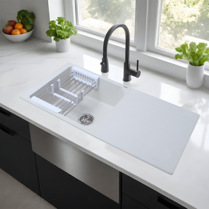 Crystal White Quartz Single Bowl with Drainboard Kitchen Sink (36 x 18